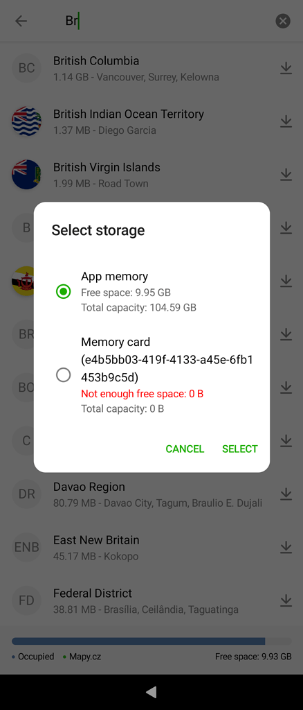 Android application (Mapy.cz) refuses to use SD card, reports memory card has 0 B and is full ...